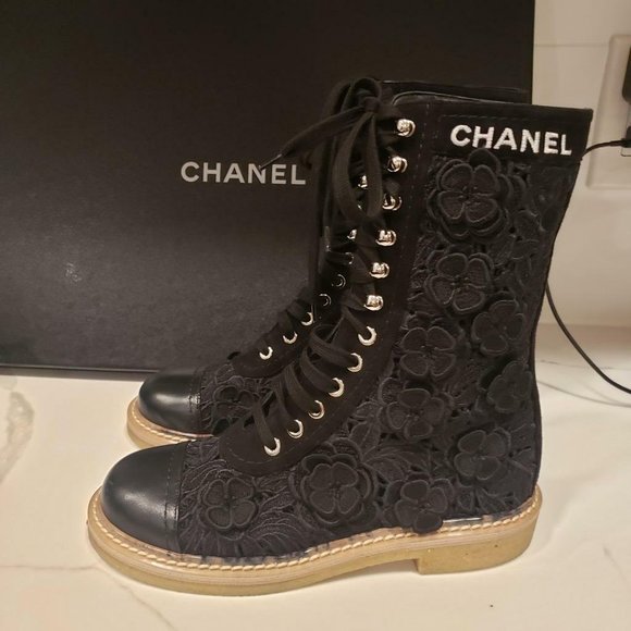 CHANEL | Shoes | Chanel 9s Camellia Flower Embroidered Applique Lace Up ...